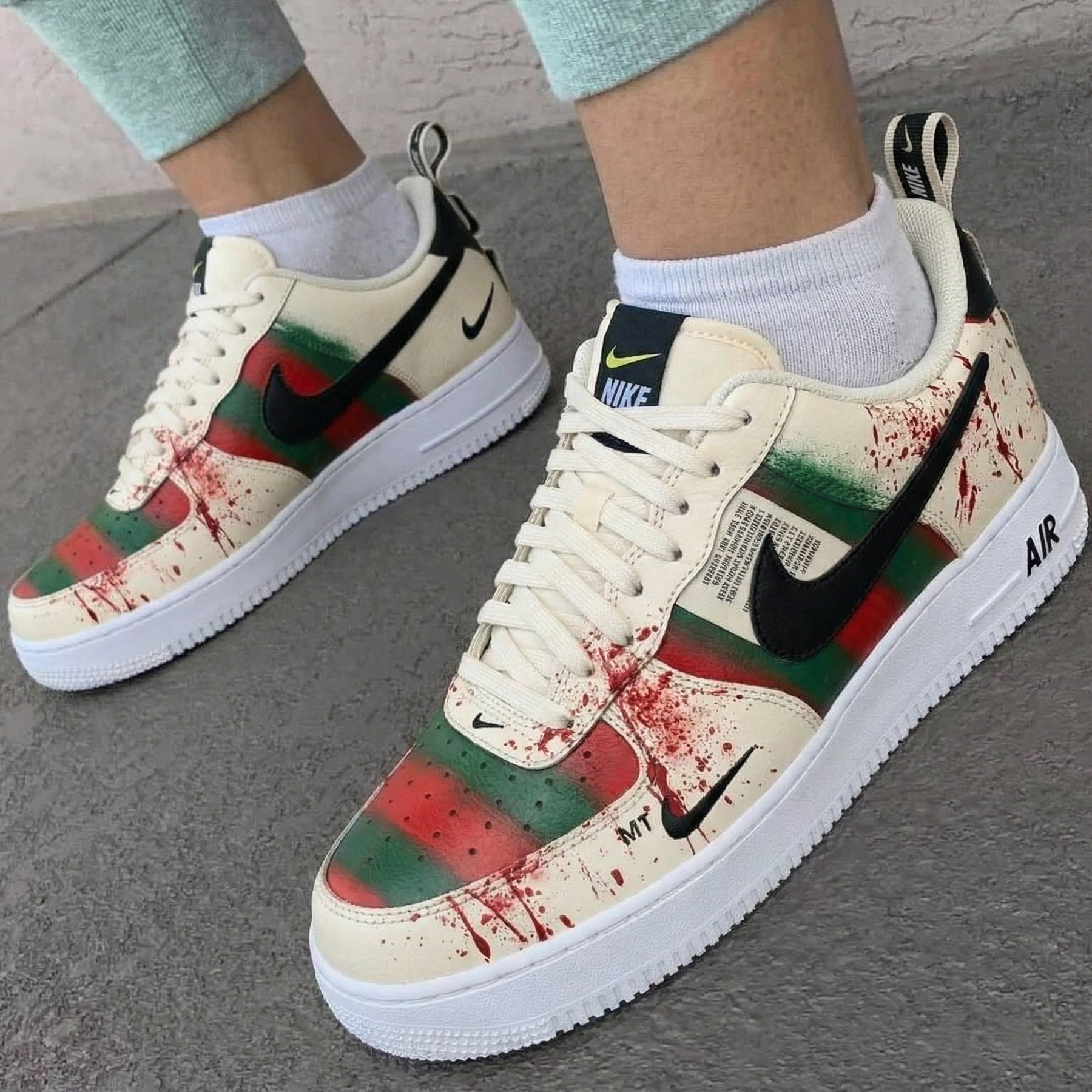 Custom Air Force 1 Cream Green Red Blood - Splatter GG Design – Lilaccustom