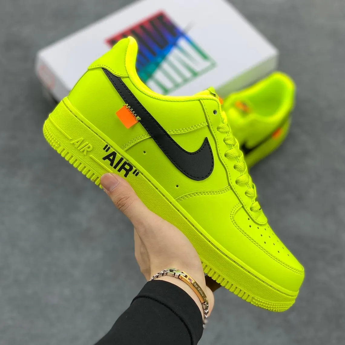 Custom Air Force 1 Neon Yellow With Black Swoosh And Orange Tag ...