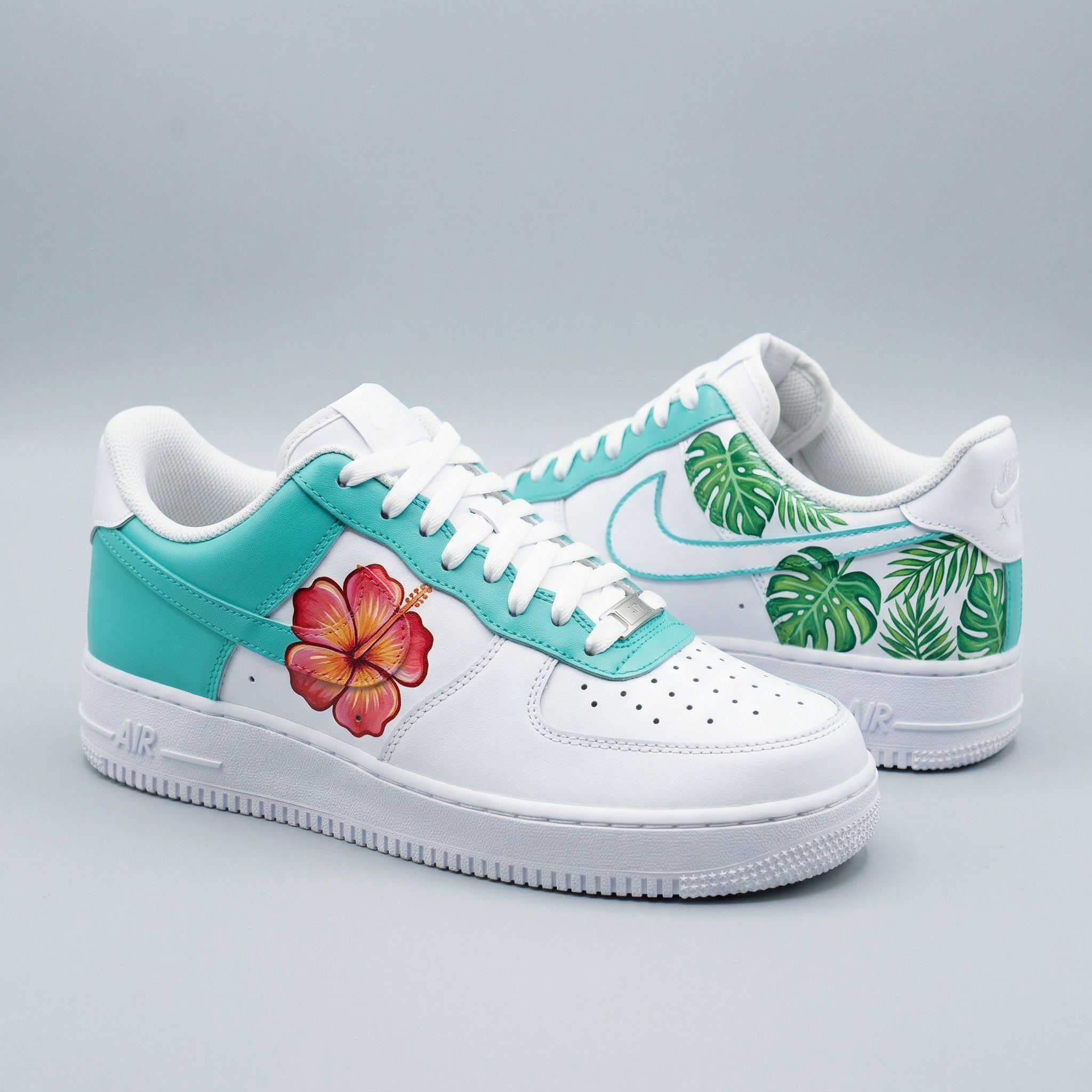 Custom Air Force 1 Turquoise Hibiscus Flower Monstera Leaves – Lilaccustom