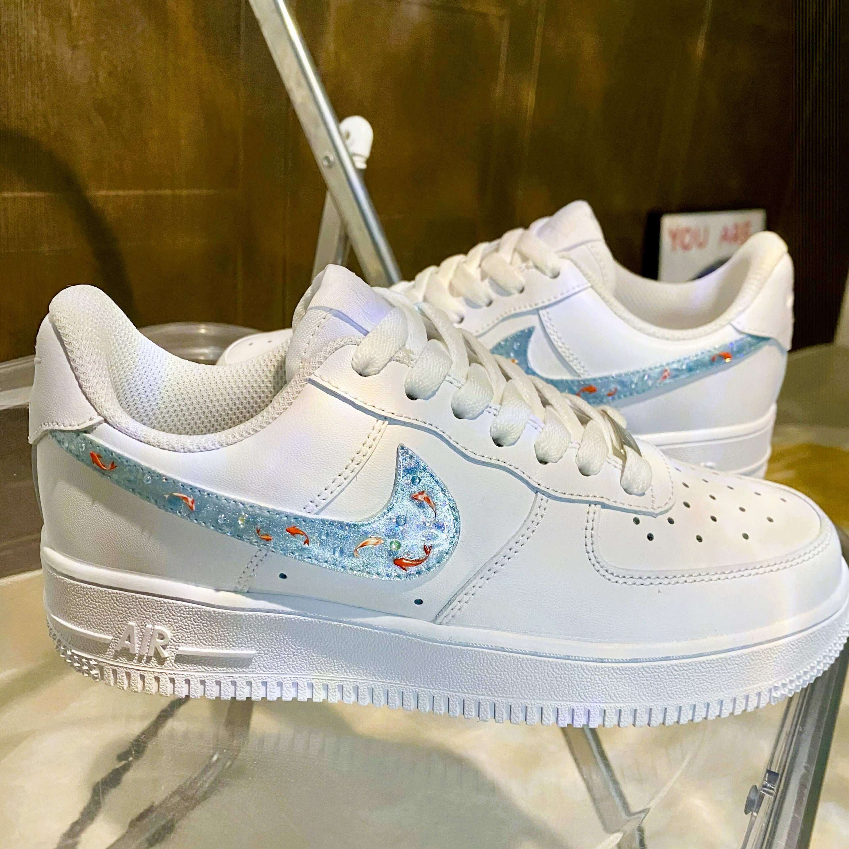 Custom Air Force 1 White With Baby Blue Cat's Eye Red Koi Bubble ...