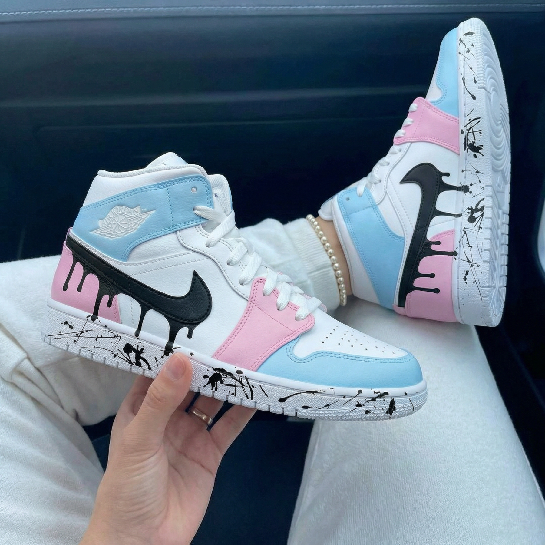 Custom Air Jordan 1 Baby Blue Pink with Dripping Black Pattern ...