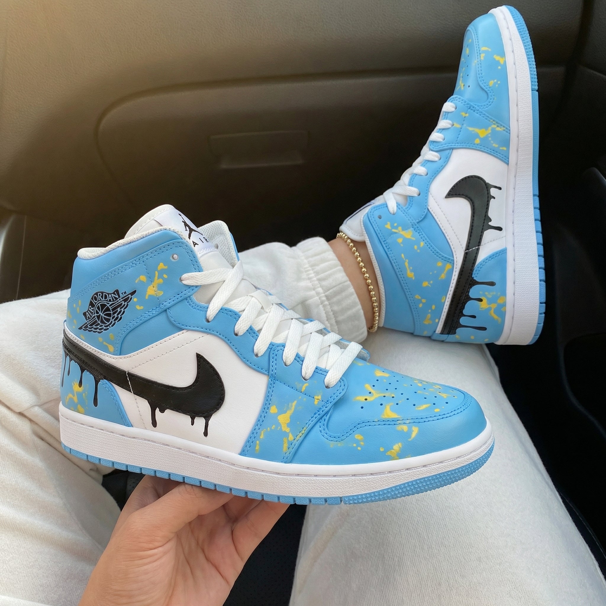 Custom Air Jordan 1 Baby Blue White with Drip and Splatter Design ...