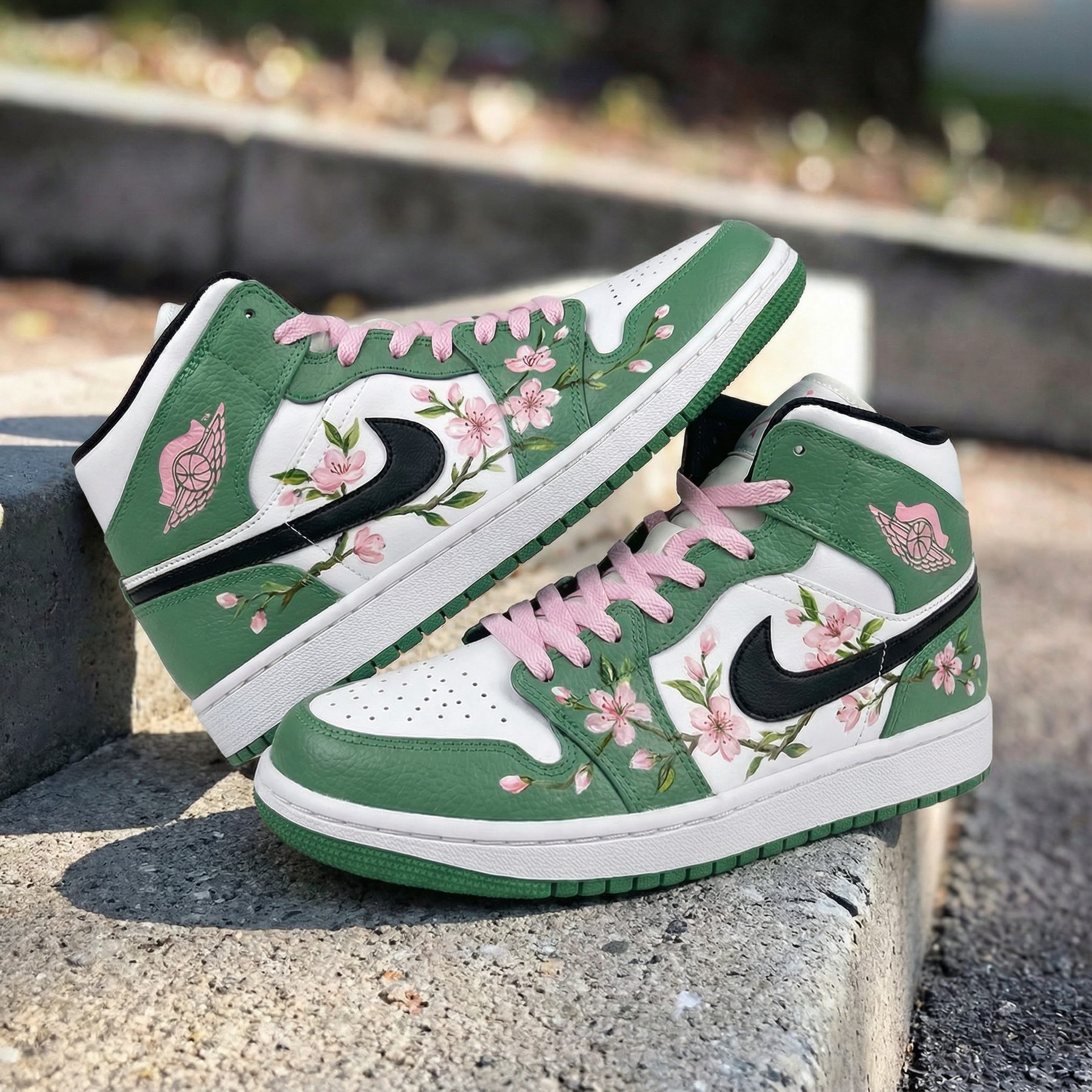 Custom Air Jordan 1 Green White with Cherry Blossom Patterns – Lilaccustom