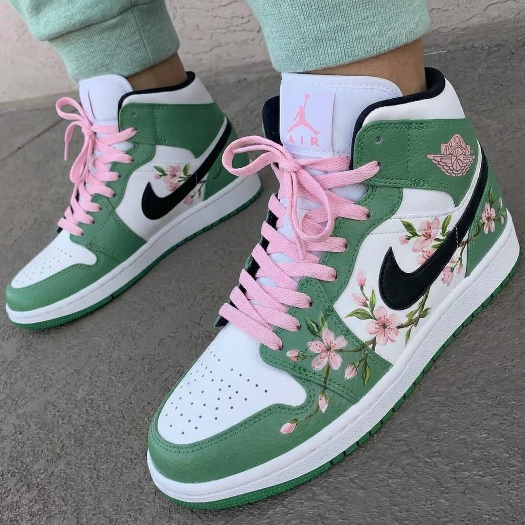 Custom Air Jordan 1 Green White with Cherry Blossom Patterns – Lilaccustom