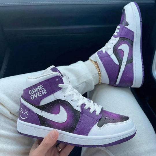 Custom Air Jordan 1 Purple White Game Over Design – Lilaccustom