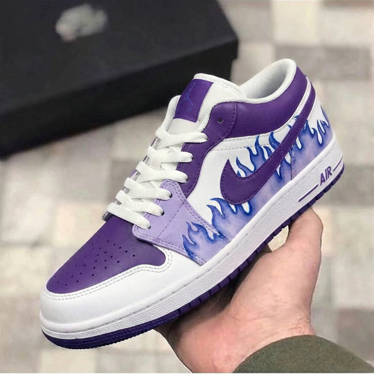 Custom Air Jordan 1 Purple White with Blue Flame Design – Lilaccustom