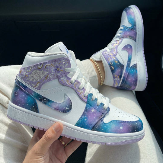 Custom Air Jordan 1 White Purple Blue Galaxy Floral Design – Lilaccustom