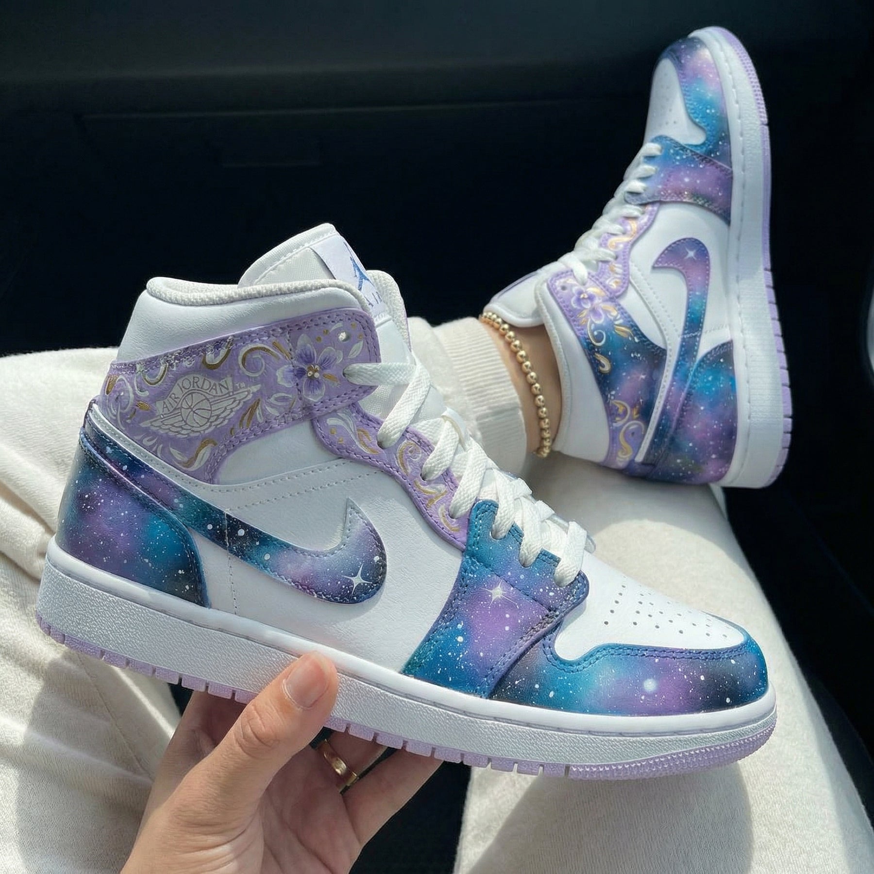 Custom Air Jordan 1 White Purple Blue Galaxy Floral Design – Lilaccustom