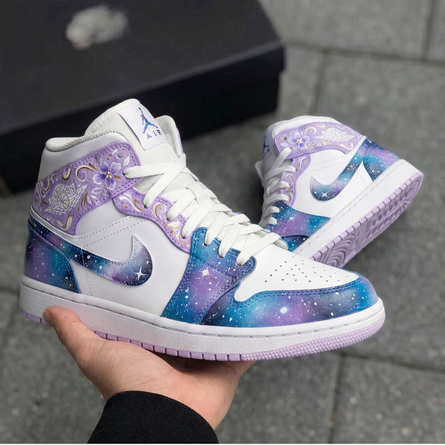Custom Air Jordan 1 White Purple Blue Galaxy Floral Design – Lilaccustom