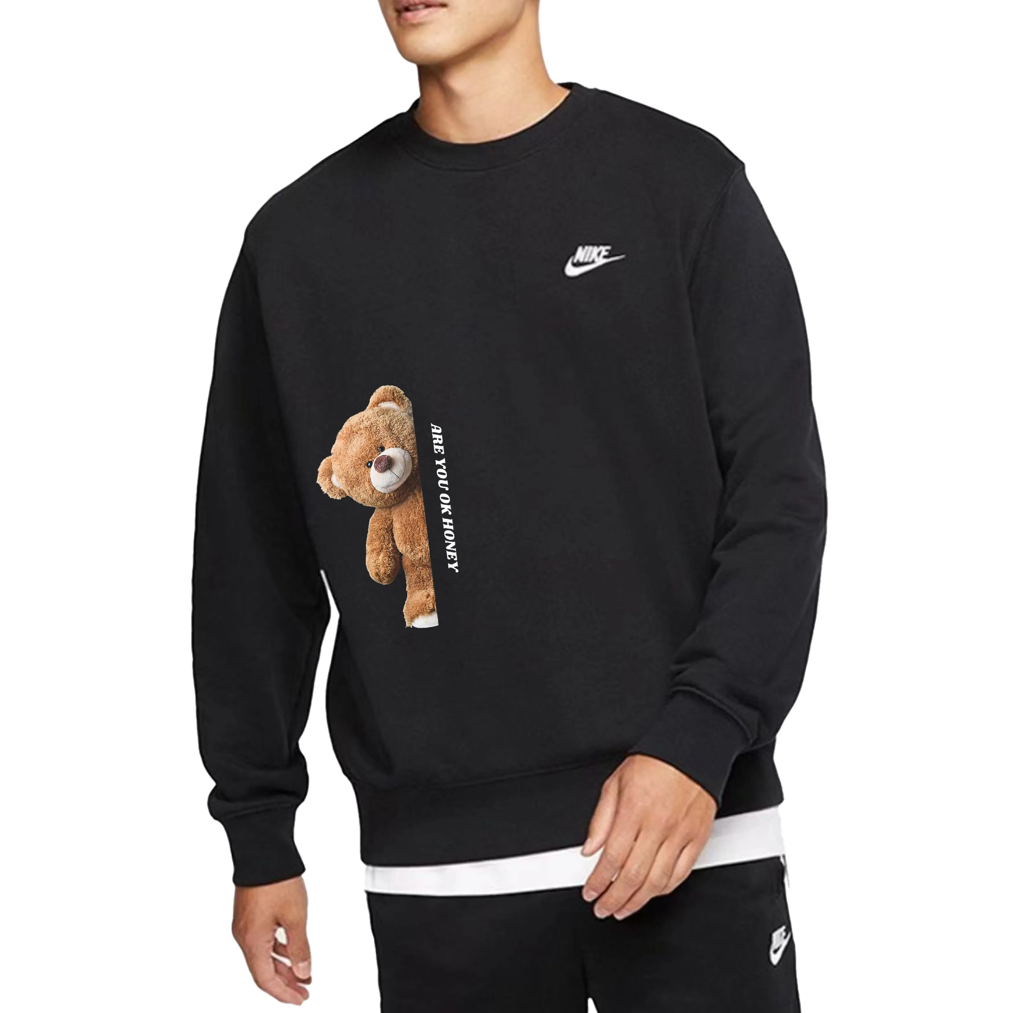 Custom Nike Sweatshirt Black With Teddy Bear And Message – Lilaccustom
