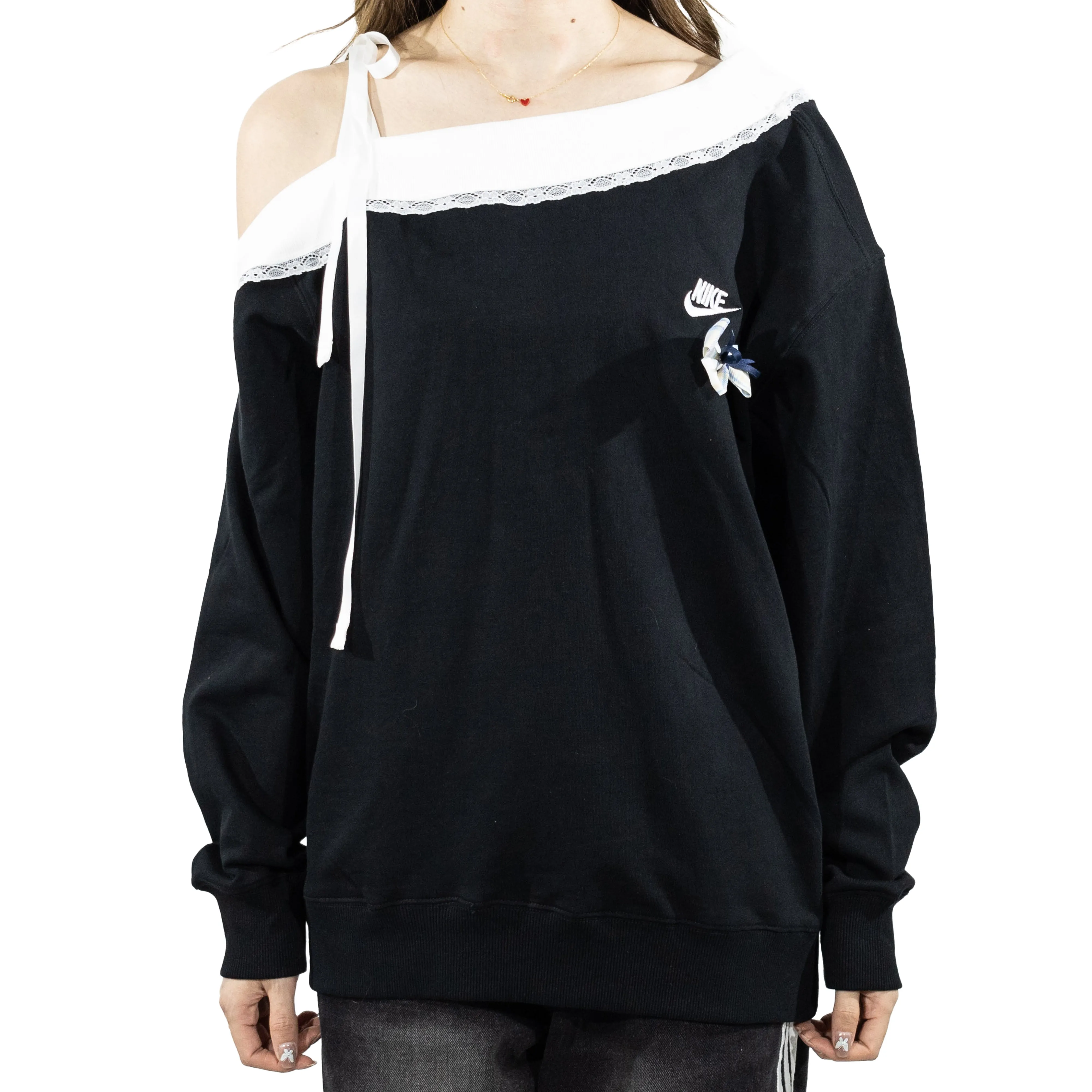 Custom Nike Sweatshirt Off Shoulder Black With Lace And Bow – Lilaccustom