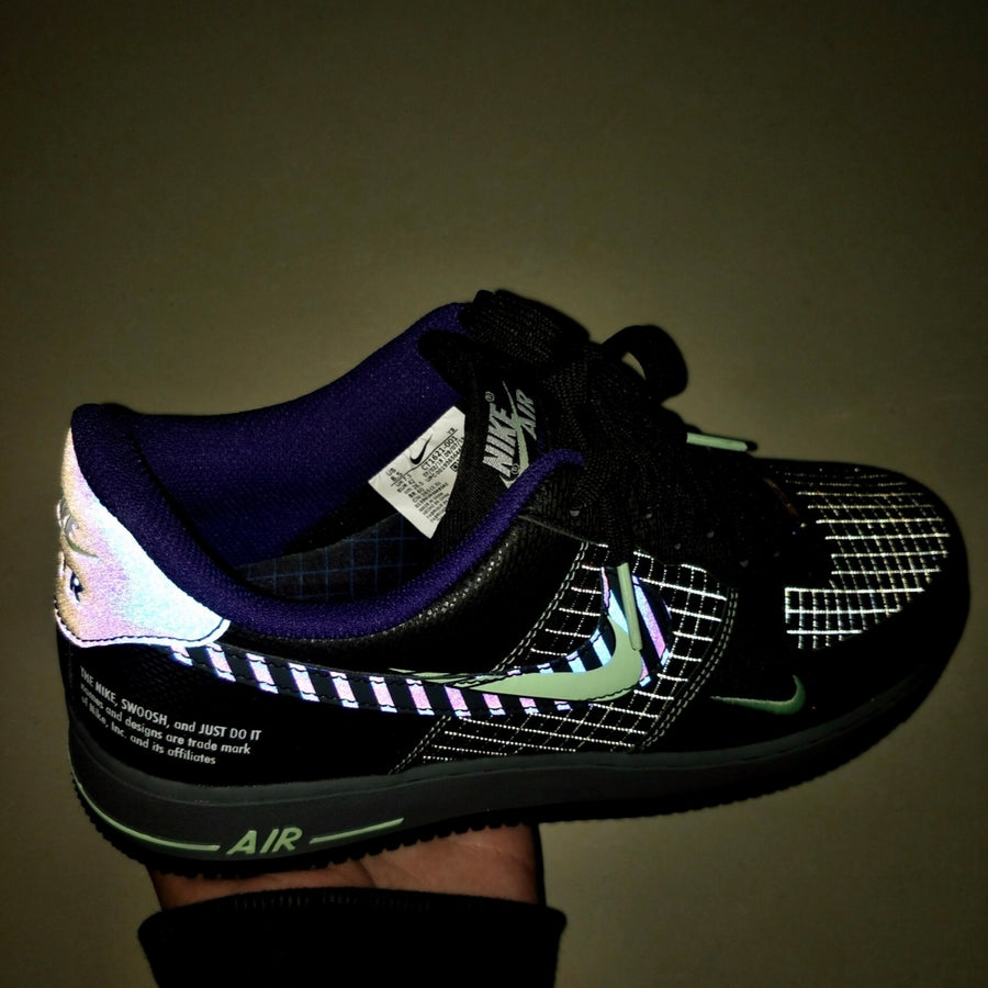 Custom Air Force 1 Black Purple Double Matcha Green Swoosh Reflective ...